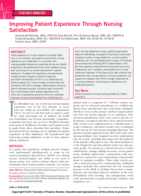 (PDF) Improving Patient Experience Through Nursing Satisfaction