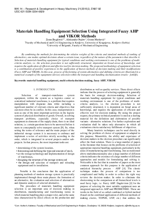 (PDF) Materials handling equipment selection using integrated fuzzy AHP and VIKOR methods