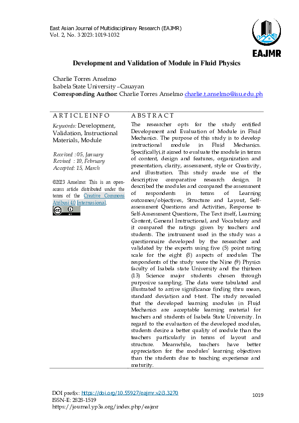 (PDF) Development and Validation of Module in Fluid Physics