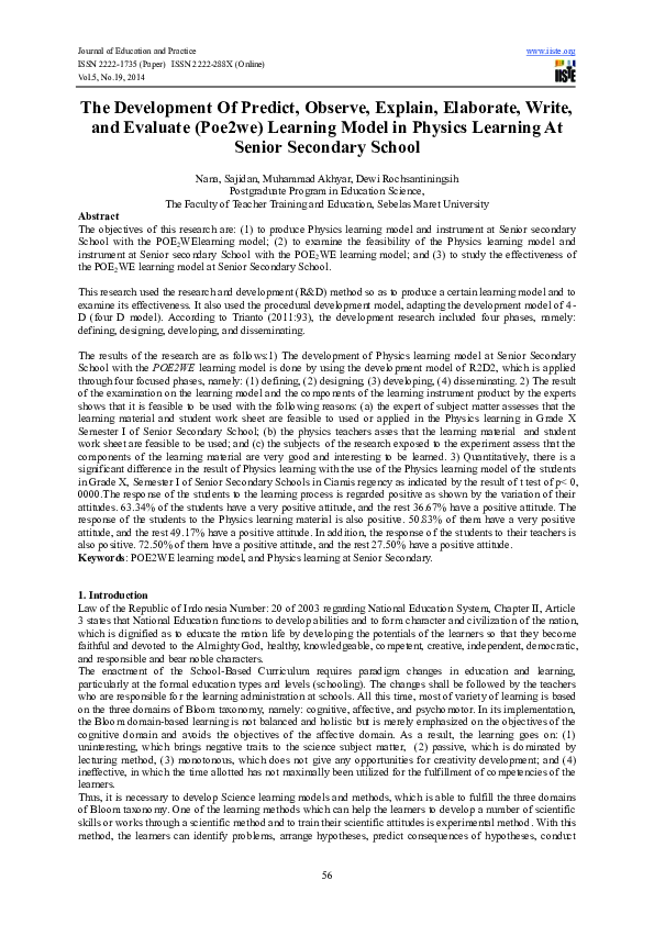 (PDF) The Development of Predict, Observe, Explain, Elaborate, Write, and Evaluate (Poe2we ...