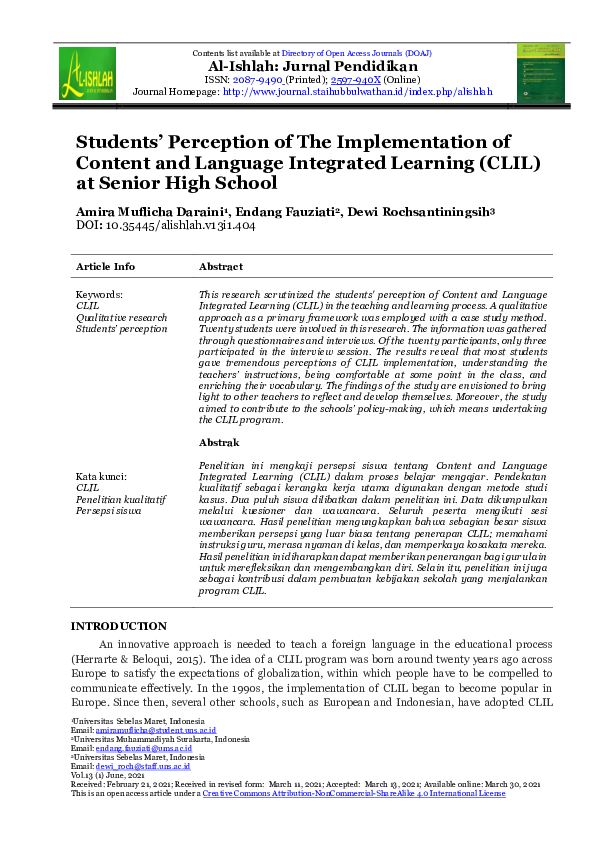 (PDF) Students’ Perception of The Implementation of Content and Language Integrated Learning ...