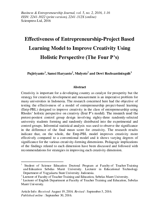 (PDF) Effectiveness of Entrepreneurship-Project Based Learning Model to Improve Creativity Using ...
