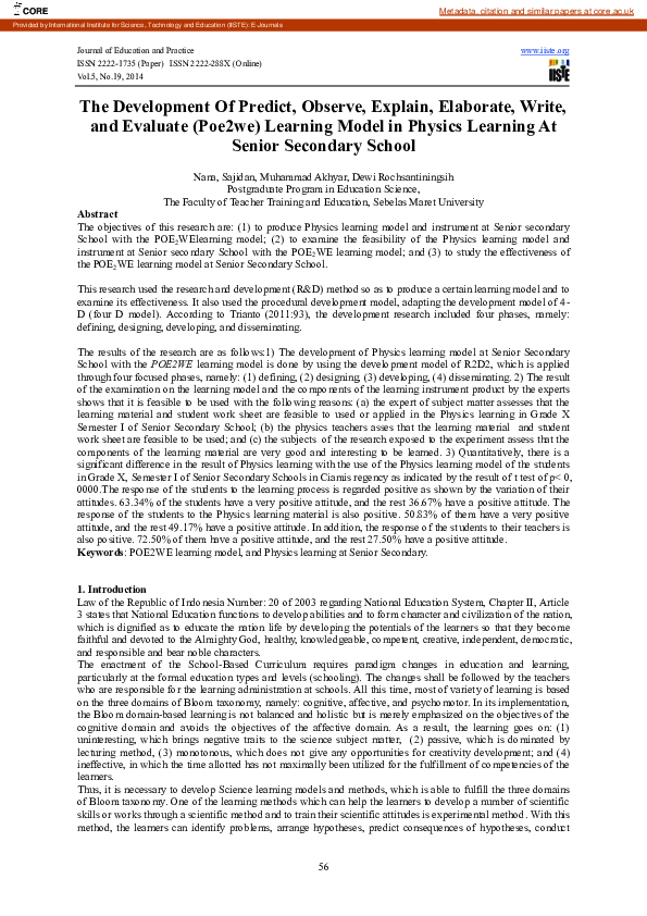 (PDF) The Development of Predict, Observe, Explain, Elaborate, Write ...