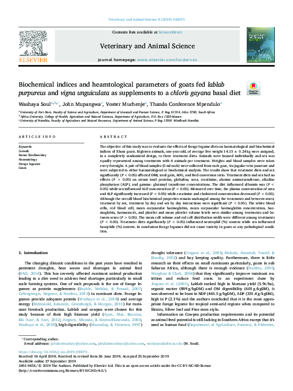 (PDF) Biochemical indices and heamtological parameters of goats fed ...