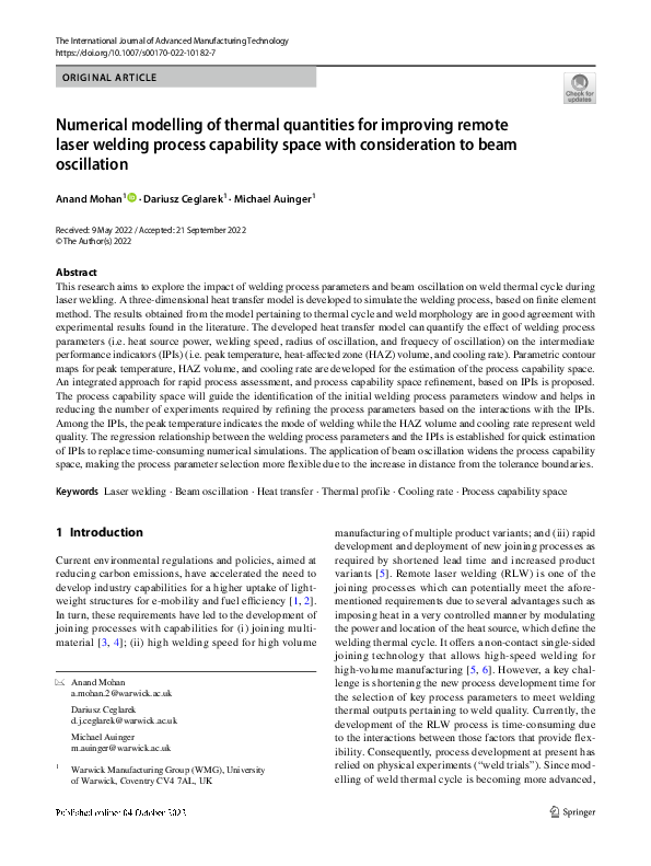 (PDF) Numerical modelling of thermal quantities for improving remote laser welding process ...