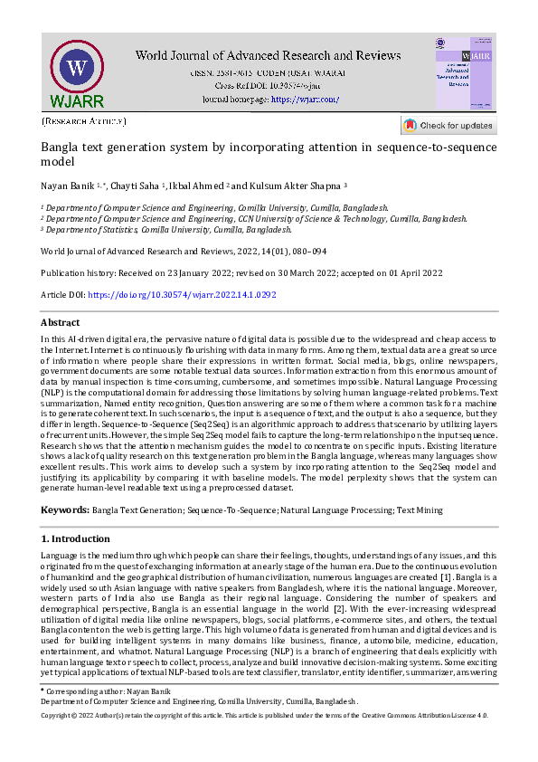 (PDF) Bangla text generation system by incorporating attention in sequence-to-sequence model