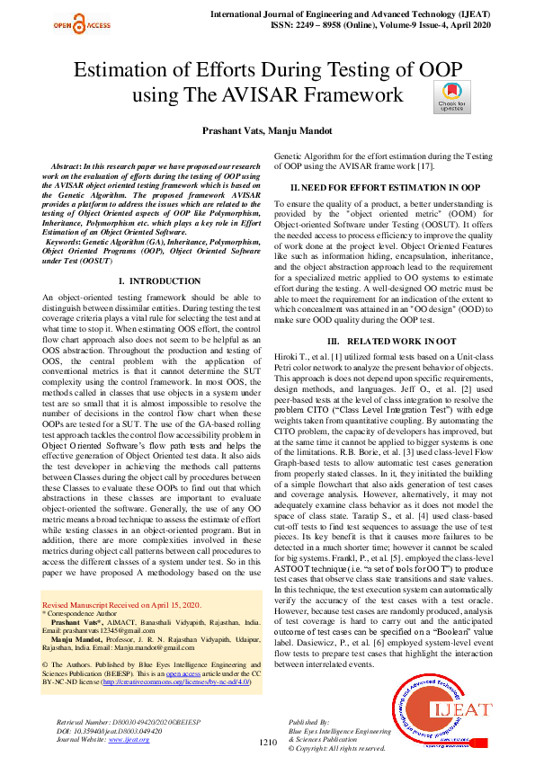 (PDF) Estimation of Efforts During Testing of OOP using The AVISAR ...