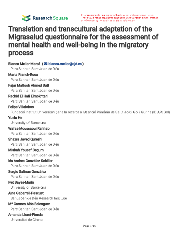 (PDF) Translation and transcultural adaptation of the Migrasalud ...
