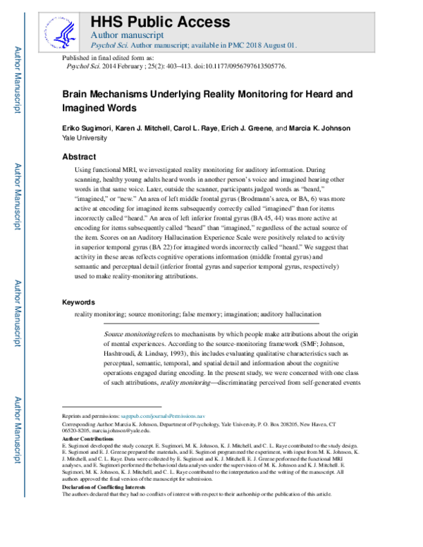 (PDF) Brain Mechanisms Underlying Reality Monitoring for Heard and ...