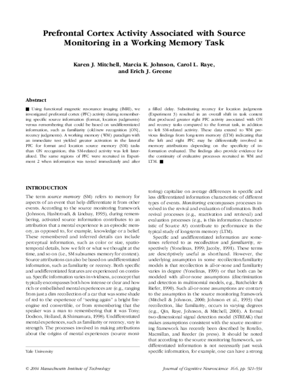 (PDF) Prefrontal Cortex Activity Associated with Source Monitoring in a Working Memory Task