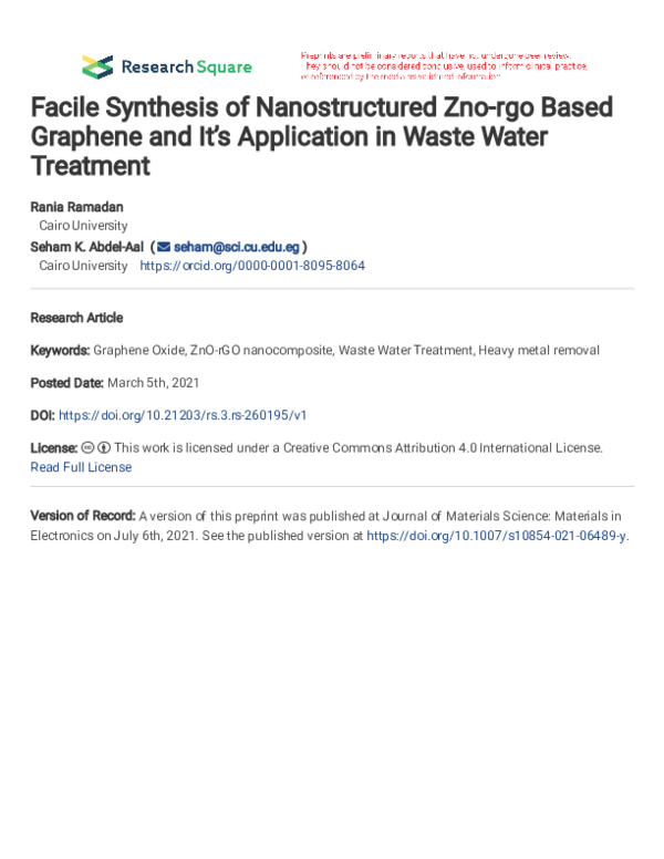 (PDF) Facile synthesis of nanostructured ZnO–rGO based graphene and its application in ...