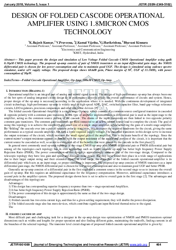 (PDF) Design of Folded Cascode Operational Amplifier Using 1.8micron CMOS Technology
