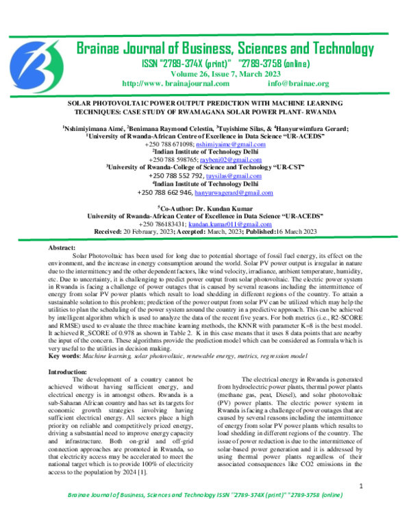 (PDF) Solar Photovoltaic Power Output Prediction with Machine Learning Techniques: Case Study of ...
