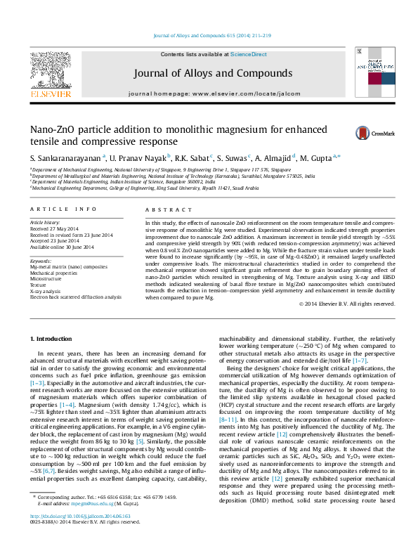 (PDF) Nano-ZnO particle addition to monolithic magnesium for enhanced ...