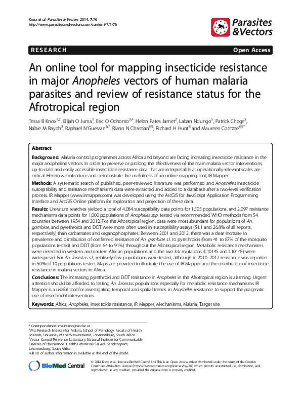 (PDF) An online tool for mapping insecticide resistance in major Anopheles vectors of human ...