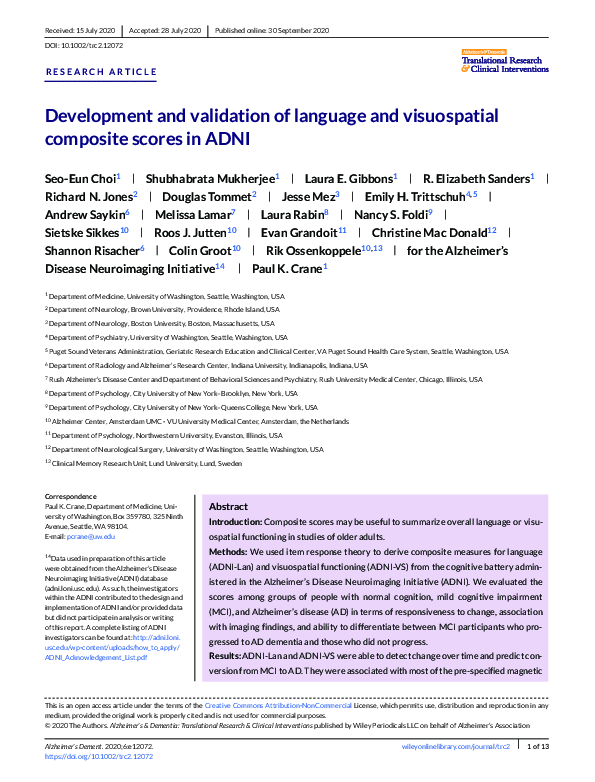 (PDF) Development and validation of language and visuospatial composite ...