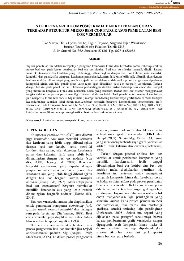 (PDF) Studi Pengaruh Komposisi Kimia Dan Ketebalan Coran Terhadap Struktur Mikro Besi Cor Pada ...