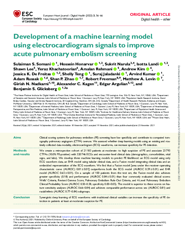 (PDF) Development of a machine learning model using electrocardiogram signals to improve acute ...