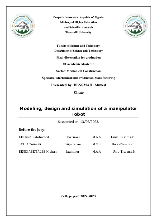 (PDF) Modeling, design and simulation of a manipulator robot