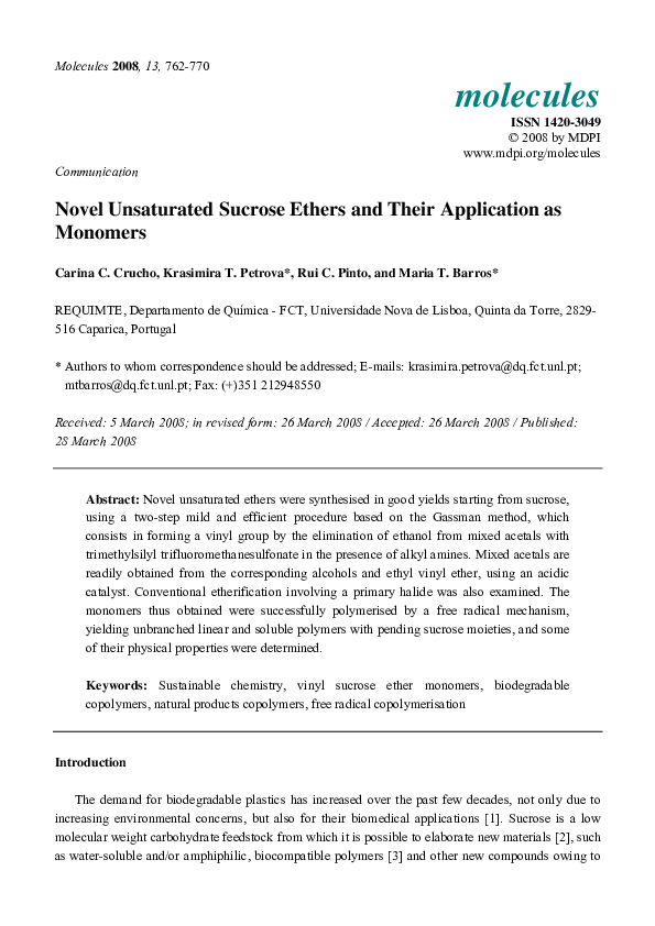(PDF) Novel Unsaturated Sucrose Ethers and Their Application as Monomers