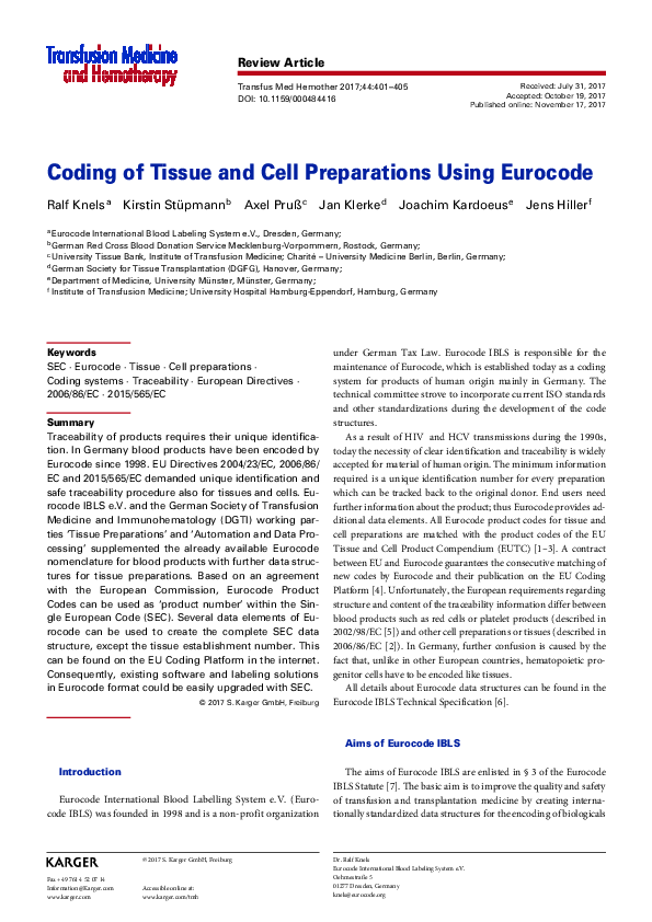 (PDF) Coding of Tissue and Cell Preparations Using Eurocode | Ralf ...