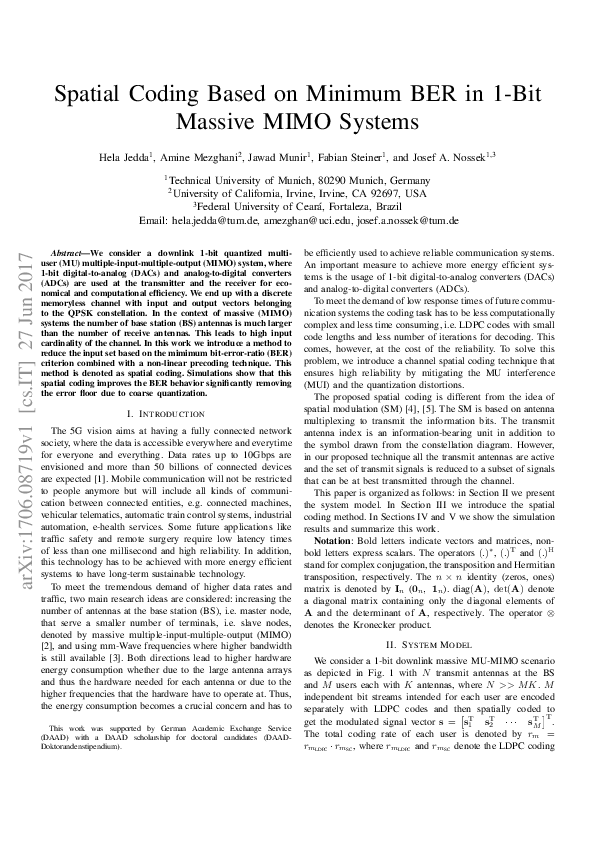 Pdf Spatial Coding Based On Minimum Ber In 1 Bit Massive Mimo Systems