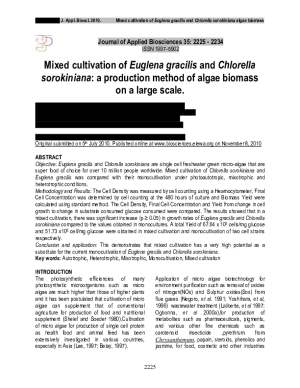 (PDF) Mixed cultivation of Euglena gracilis and Chlorella sorokiniana : a production method of ...