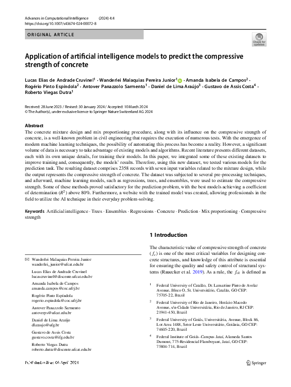 (PDF) Application of artificial intelligence models to predict the compressive strength of concrete
