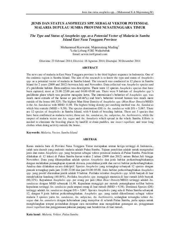 (PDF) The Type and Status of Anopheles spp. as a Potensial Vector of ...