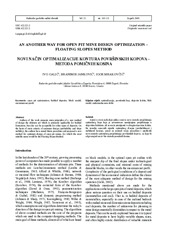 (PDF) An Another Way for Open Pit Mine Design Optimization floating Slopes Method Novi Način ...