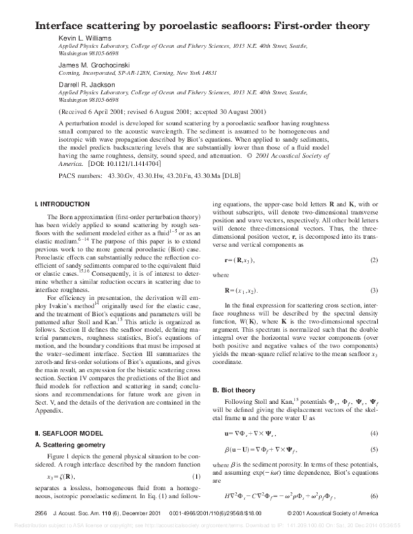 (PDF) Interface scattering by poroelastic seafloors: First-order theory