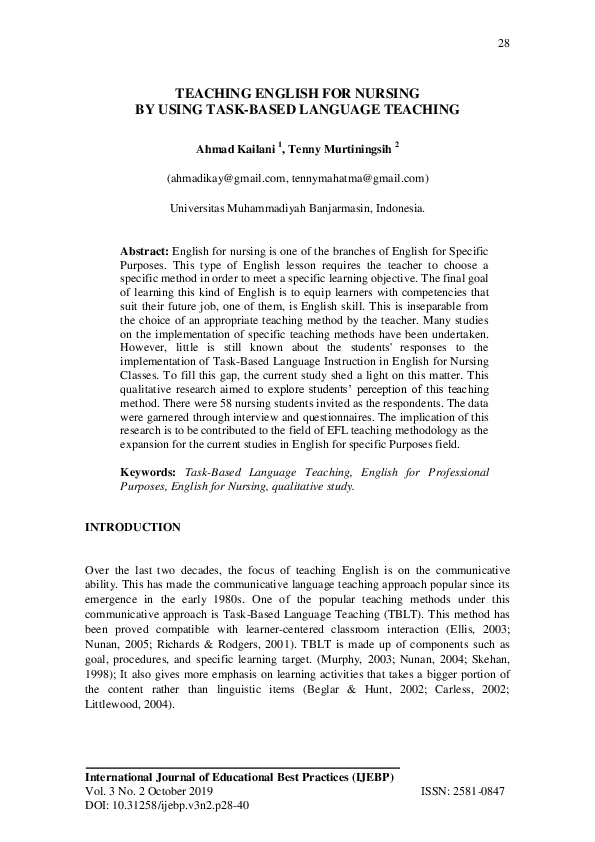 (PDF) Teaching English for Nursing by Using Task-Based Language Teaching