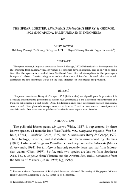 (PDF) THE SPEAR LOBSTER, LINUPARUS SOMNIOSUS BERRY & GEORGE, 1972 ...