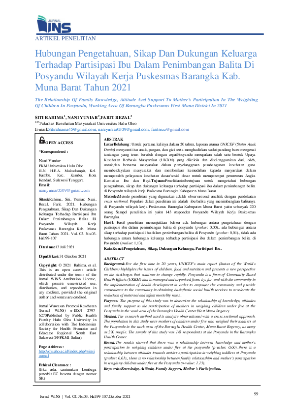 (PDF) Hubungan Pengetahuan, Sikap Dan Dukungan Keluarga Terhadap Partisipasi Ibu Dalam ...