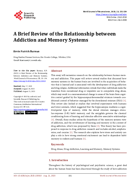 (PDF) A Brief Review of the Relationship between Addiction and Memory ...