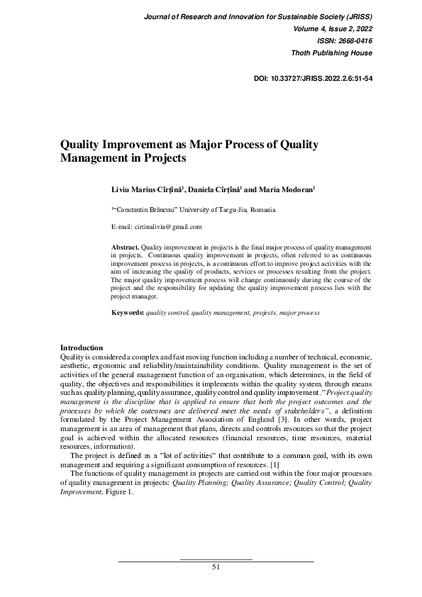 (PDF) Quality Improvement as Major Process of Quality Management in Projects