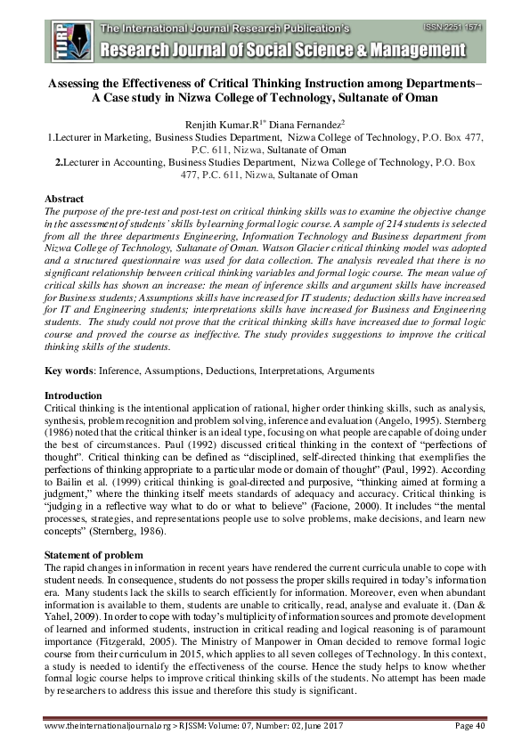 Pdf Assessing The Effectiveness Of Critical Thinking Instruction