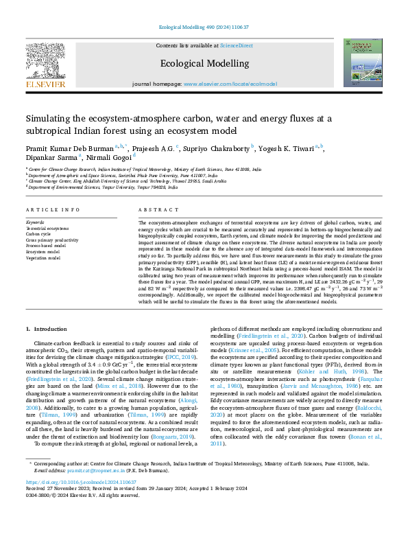 Simulating the ecosystem-atmosphere carbon, water and energy fluxes at a subtropical Indian ...