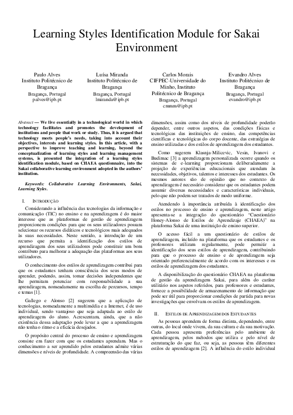 (PDF) Learning styles identification module for Sakai environment