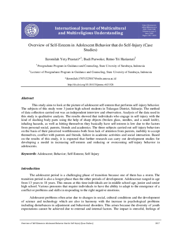 (PDF) Overview of Self-Esteem in Adolescent Behavior that do Self-Injury (Case Studies) | Retno ...