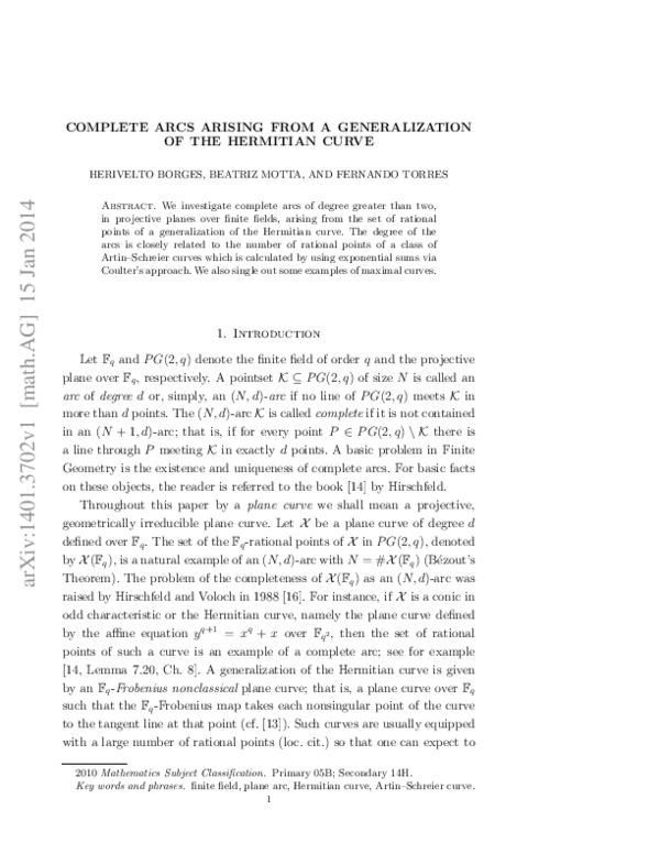 (PDF) Complete arcs arising from a generalization of the Hermitian curve