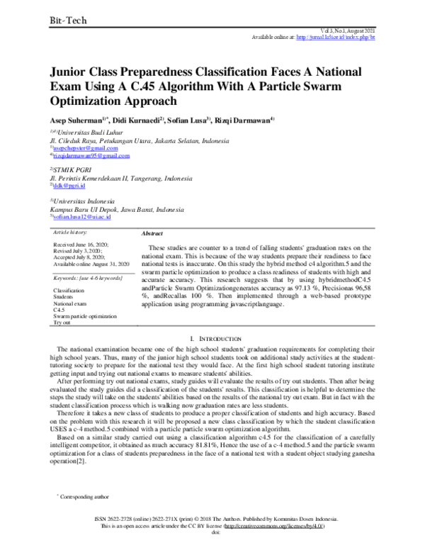 (PDF) Junior Class Preparedness Classification Faces A National Exam Using A C.45 Algorithm With ...