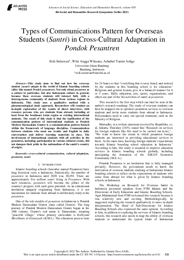 (PDF) Types of Communications Pattern for Overseas Students ( Santri ) in Cross-Cultural ...