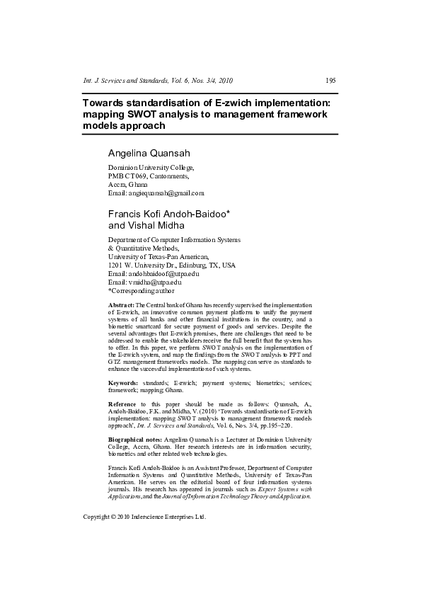 (PDF) Towards standardisation of E-zwich implementation: mapping SWOT ...
