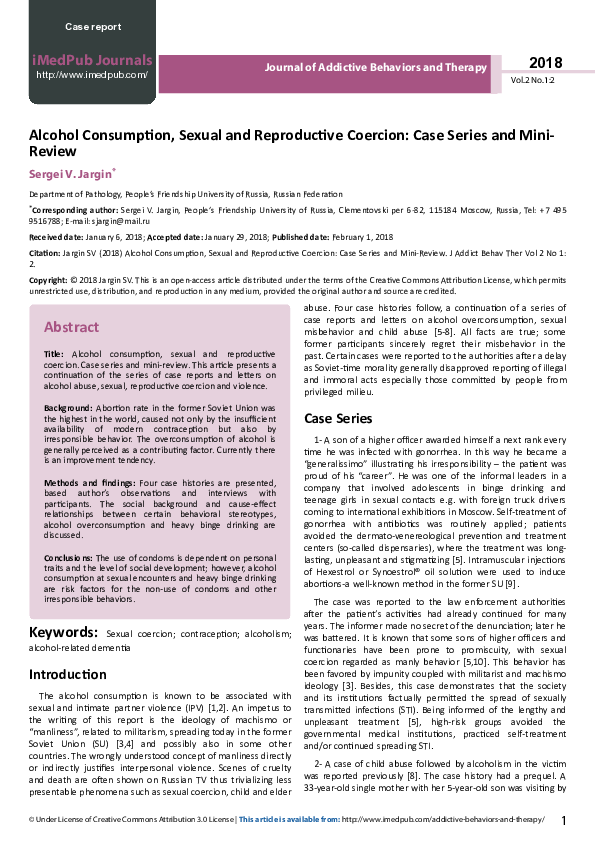 (PDF) Alcohol Consumption, Sexual and Reproductive Coercion: Case Series and Mini-Review