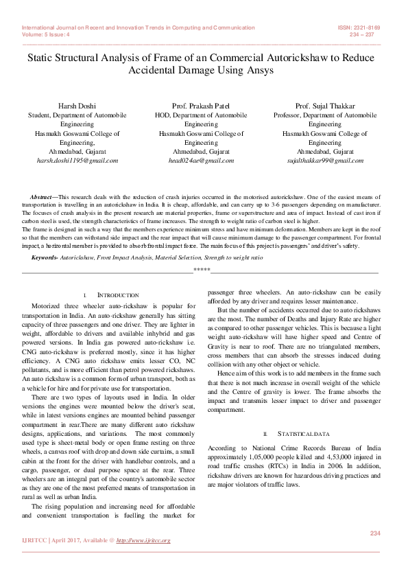 (PDF) Static Structural Analysis of Frame of an Commercial Autorickshaw to Reduce Accidental ...