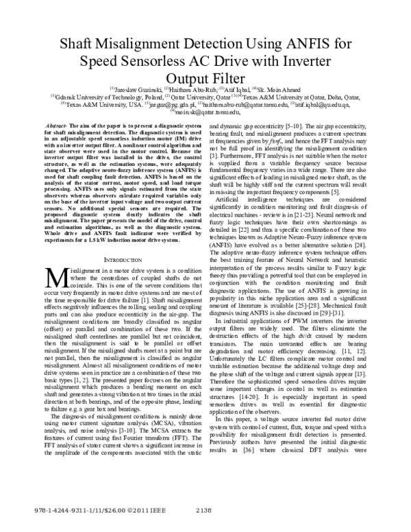 Pdf Shaft Misalignment Detection Using Anfis For Speed Sensorless Ac