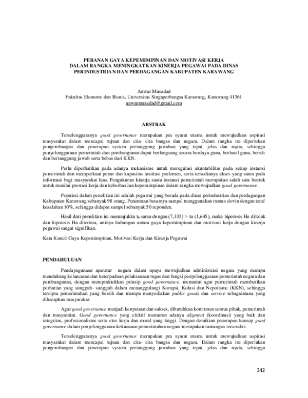 (PDF) Peranan Gaya Kepemimpinan Dan Motivasi Kerja Dalam Rangka Meningkatkan Kinerja Pegawai ...