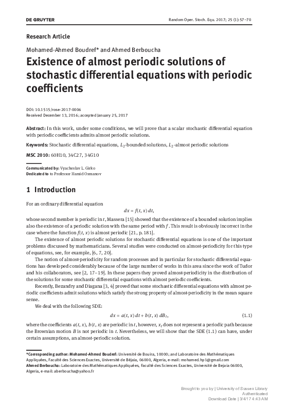 Pdf Existence Of Almost Periodic Solutions Of Stochastic Differential Equations With Periodic