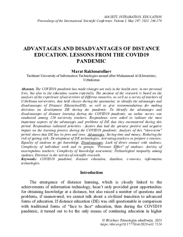 (PDF) Advantages and Disadvantages of Distance Education. Lessons from ...